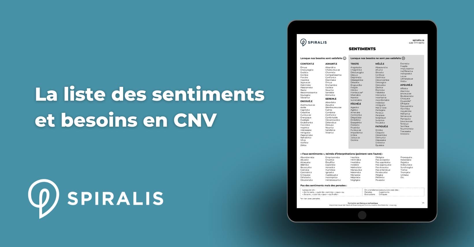 Liste des sentiments et besoins en CNV - Spiralis